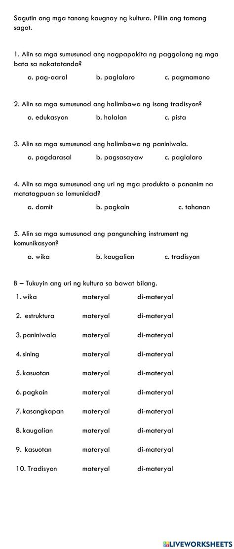 Mga Kaugalian Free Interactive Worksheets 1795463