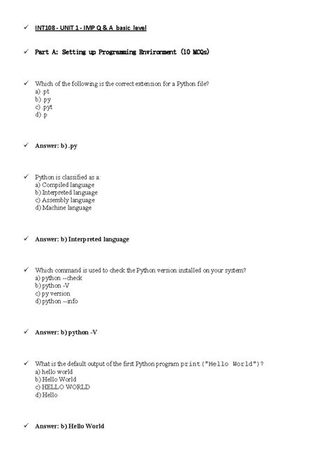 Int108 Unit 1 Imp Qanda Basic Level Python Mcqs Practice Studocu