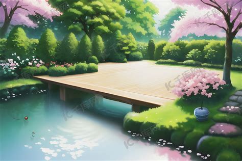 庭院卡通绿植花园春天景色插画图片 千库网