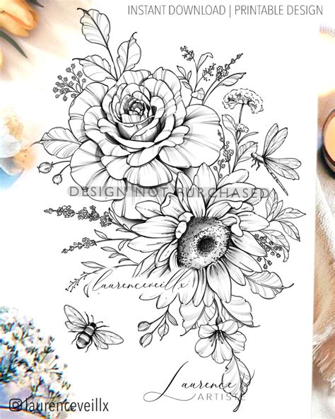 Tattoo Design Instant Download Sunflower Rose And Wildflowers