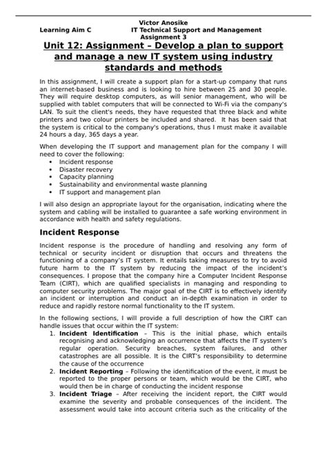 Unit 12 It Technical Support And Management Assignment 3 Learning Aim C Distinction Unit 12