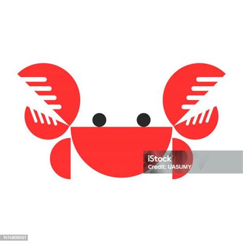 게 기호 또는 어린이 일러스트 레이 션은 단순한 기하학적 모양에서 붉은 색으로 최소한의 스타일 발톱이있는 갑각류의 실루엣을 정면으로보기 0명에 대한 스톡 벡터 아트 및 기타