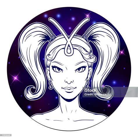 에이 지 조디악 로그인 작품 아름 다운 소녀 얼굴 별자리 기호 스타 기호 벡터 일러스트 레이 션 다중 색상에 대한 스톡 벡터 아트 및 기타 이미지 Istock