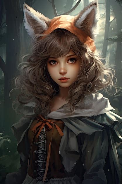 A Girl With Fox Ears And A Dress In The Woods Premium Ai Generated Image