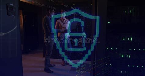 Image Of Padlock Over Diverse Female And Male It Engineers By Computer