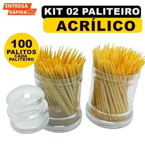Paliteiro Kit 2 Porta Paliteiros De Acrílico Com Tampa Acompanha 200 Palitos Dente Para Casa