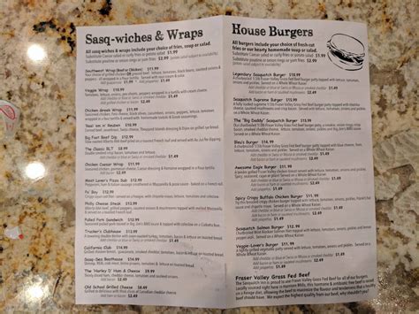 Menu At Sasquatch Inn Pub And Bar Harrison Mills