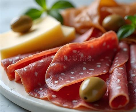 Tabla De Antipasto Italiano Embutidos Queso Aceitunas Blanco Stock De