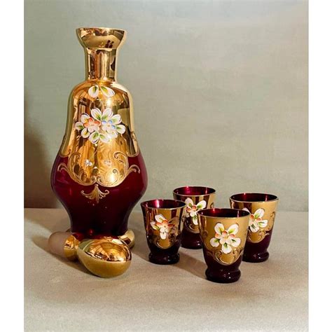 Vintage Ruby And Gold Glass Floral Decanter And Glass Set 5 Pieces Chairish