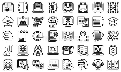 Learning Management System Icons Set Outline Vector Laptop Machine