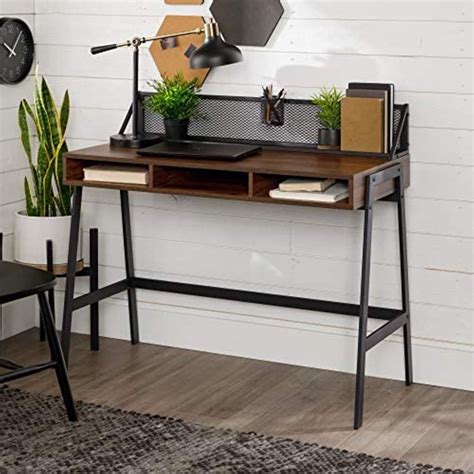 Walker Edison Industrial Mesh Wood Laptop Computer Writing Desk Home