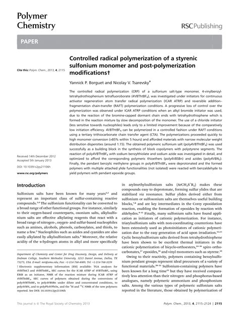 Pdf Controlled Radical Polymerization Of A Styrenic Sulfonium Monomer
