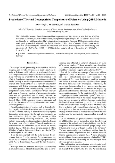 Pdf Prediction Of Thermal Decomposition Temperature Of Polymers Using Qspr Methods