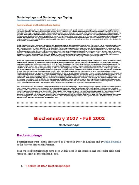 Biochemistry 3107 Fall 2002 Bacteriophage And Bacteriophage Typing