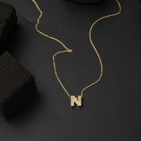 Taşlı N Harfli Minimal Harf Altın Kolye ｜ Bilezikci Harf Kolye