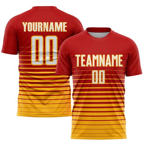 Custom Red White Gold Pinstripe Fade Fashion Sublimation Soccer Uniform