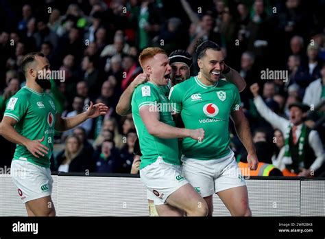 London Uk 9th Mar 2024 Irelands James Lowe Celebrates After Scoring