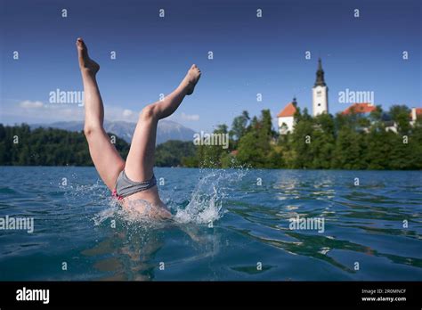 Girl At Plunge Into The Lake Bled Island Bled Lake Triglav National Park Slovenia Stock