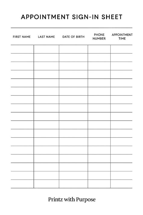 Printable Appointment Sign In Sheet Clinic Front Desk Log Pdf