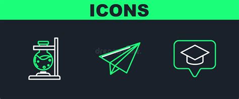 Set Line Graduation Cap In Speech Bubble Glass Test Tube Flask Fire And Paper Airplane Icon