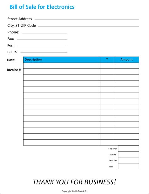 Printable Free Bill Of Sale For Electronics Template