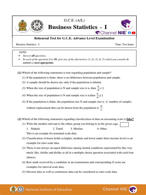 Gce Advance Level Exam 2022 Business Statistics Model Papers National