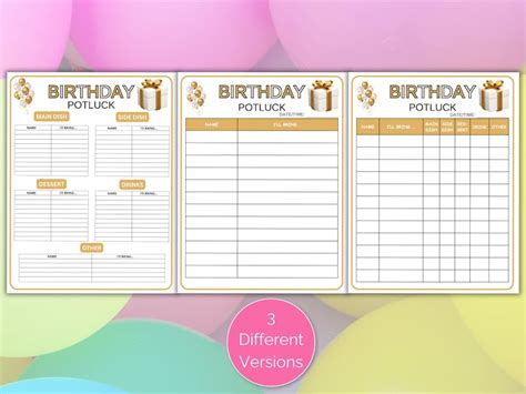 Birthday Potluck Sign Up Sheet Printable Birthday Party Potluck Sign