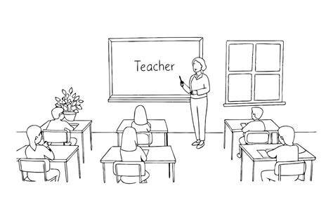 A Female Teacher Explains The Lesson In Front Of The Class Hand Drawn
