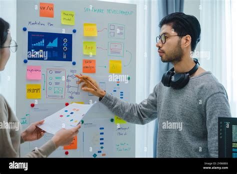 Developer Team Present Project Interface Design With Board And Solving Problem At Office Stock