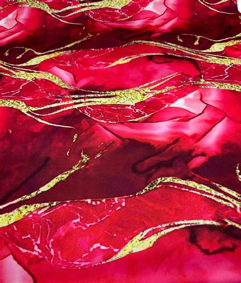 Red Marble Crepe Fabric With Gold Print Christmas Dress Fabric Etsy