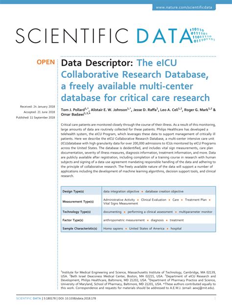 Pdf The Eicu Collaborative Research Database A Freely Available Multi Center Database For
