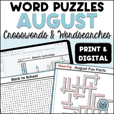August Crossword Puzzles And Word Search Middle And High School Print