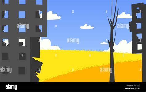 Destroyed Buildings In Front Of A Yellow Field And Blue Sky Vector