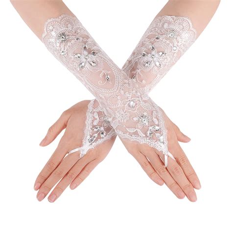 Yolev Spitze Brauthandschuhe Weiß Damen Fingerlose Handschuhe Lange