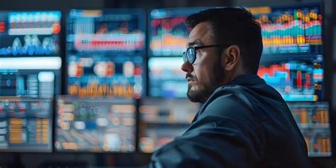 Operator Analyzing Data On Multiple Screens In Hightech Control Room Concept Hightech Control