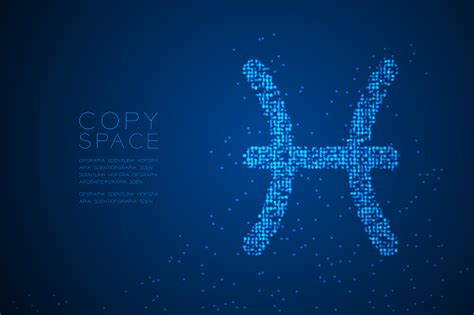 추상적인 기하학적 Bokeh 서클 도트 픽셀 패턴 물고기 자리 조디악 기호 모양 별자리 개념 디자인 블루의 컬러 일러스트 레이 션의 블루 그라데이션 배경 복사 공간 벡터