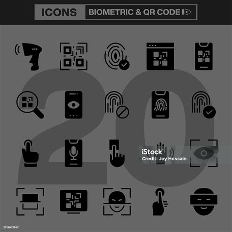 Biometric And Qr Code Icon Set Featuring Line Art Symbols Representing