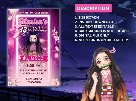 Digital Nezuko Inspired Birthday Card Invitations Demon Slayer Theme Mr Invites