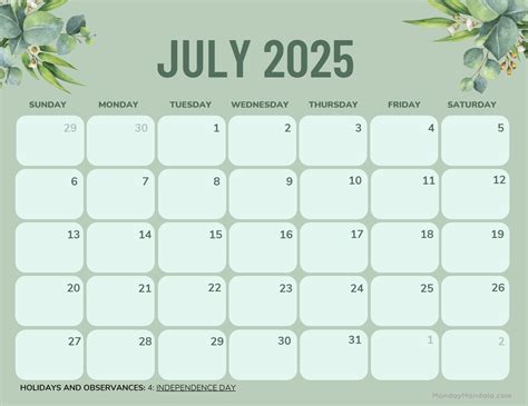 July 2025 Calendar Printable Free Cute