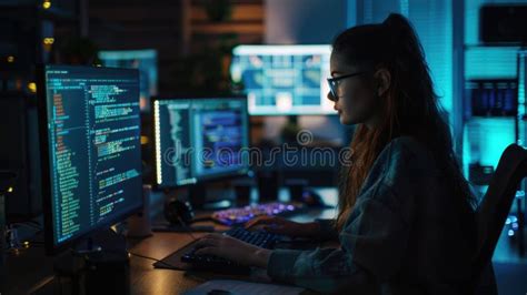 A Young Woman Wearing Glasses Is Coding In Front Of A Computer In A