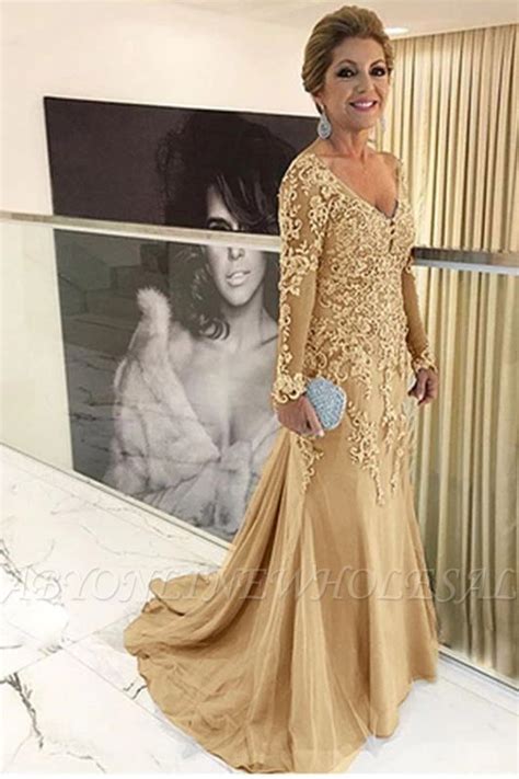 Gold V Neck Long Sleeves Lace Mother Of The Bride Dress