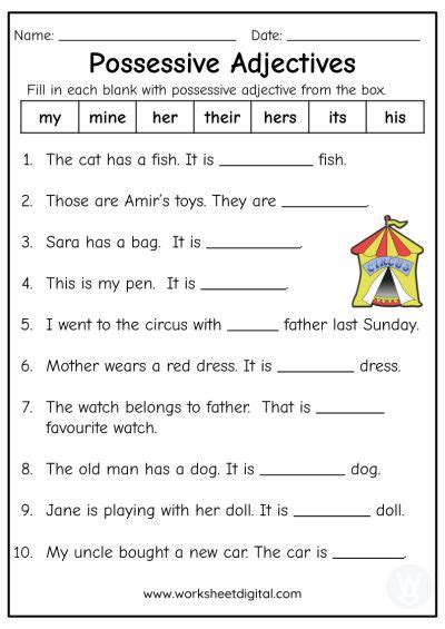 Grade 2 English Worksheets Possessive Adjectives Adjective Worksheet