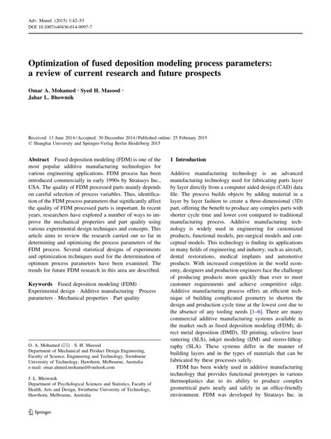 Pdf Optimization Of Fused Deposition Modeling Process Parameters A