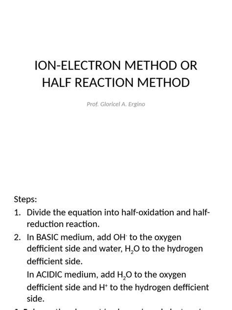 Ion Electron Method Or Half Reaction Method Pdf Technology