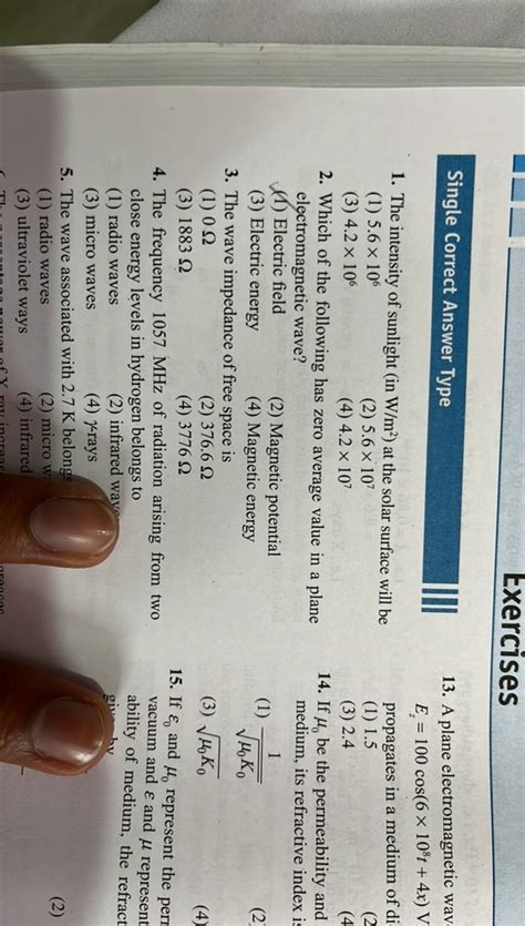 Exercises Single Correct Answer Type 13 A Plane Electromagnetic Wav Ez