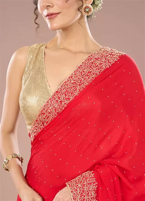 Buy Radiant Red Chinon Saree Online In India Mohey Saree For Women