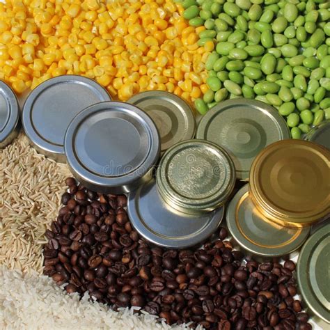 Commodity Close Up With Coffee Bean Metal Lid Corn Rice And Soybeans