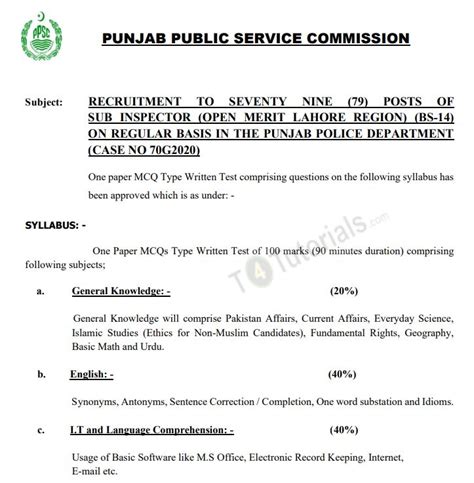 Sub Inspectorassistant Sub Inspector Syllabus Ppsc Pakistan