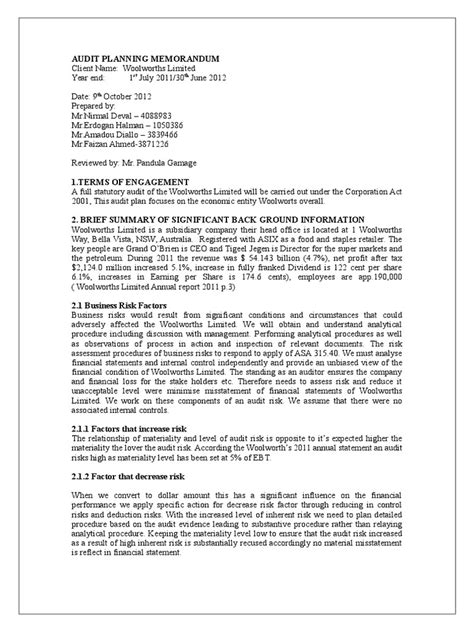 Audit Planning Memorandum Final Pdf Audit Business Economics