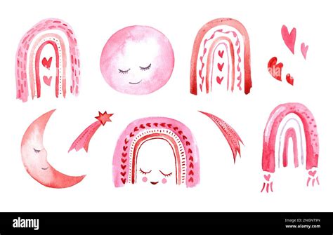 Watercolor Abstract Collection Of Rainbow Moon And Hearts Cute Pastel